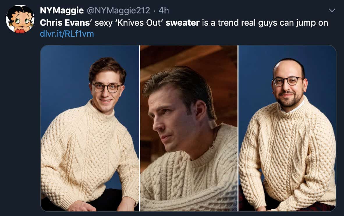 4 Sustainable Replicas of the Chris Evans “Knives Out” Sweater | the chic